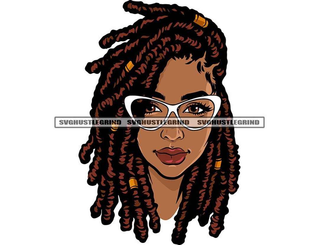 Black Woman Dread Locs Sister Locs White Eyeglasses Gold Loc Bands Head ...