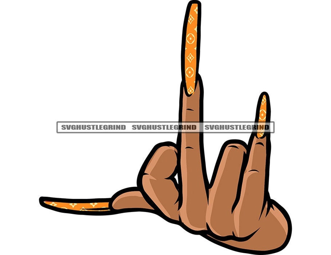 Black Woman Hand Giving Middle Finger Long Gold Nails Body Illustration Graphic Grind Svg Vector