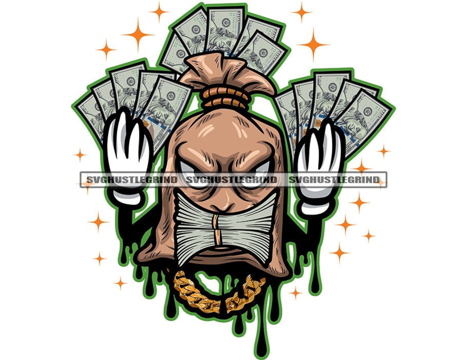 Bank Bag Character Cash Money Dollars Hands Mouth Cartoon Gold Chain ...