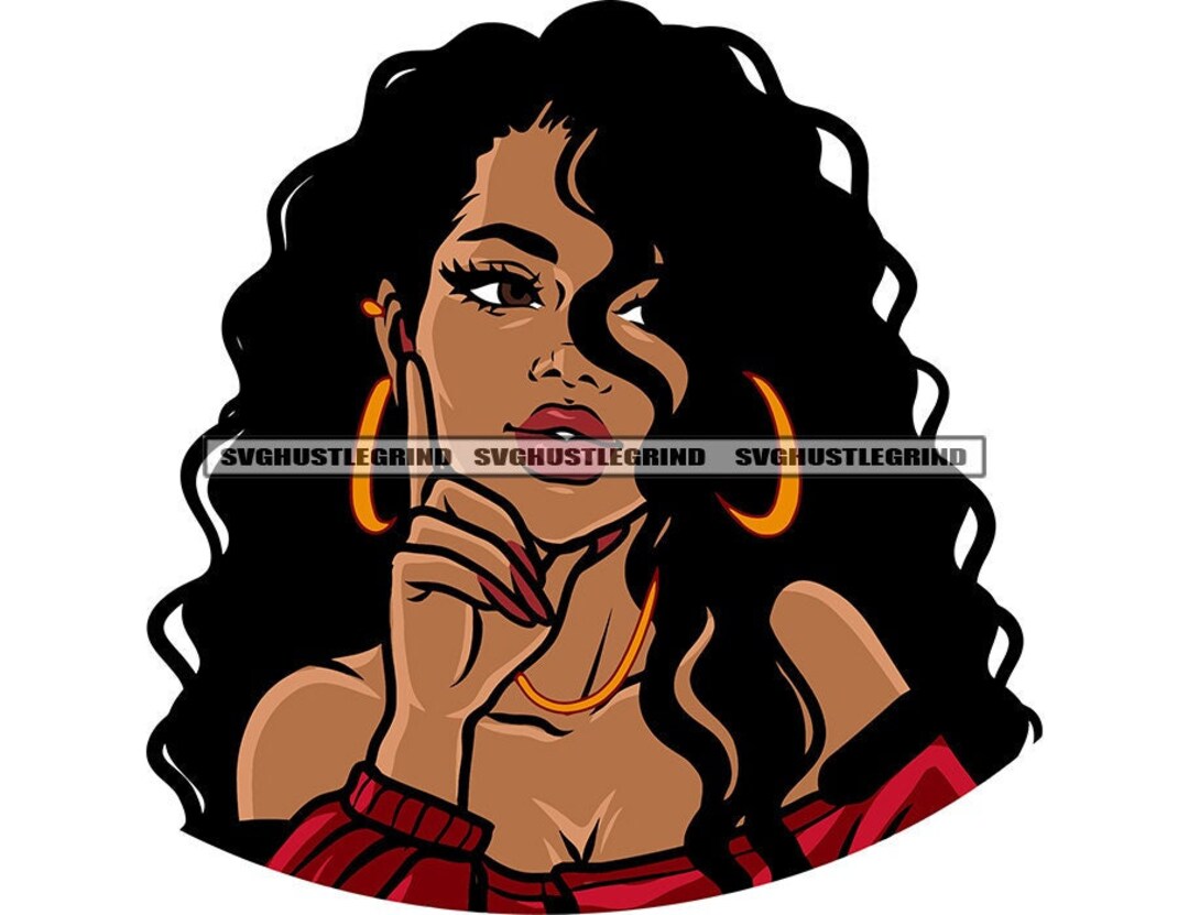 Sassy Black Woman Red Blouse Gold Hoop Finger Chin Wavy Hair Head Face Only Illustration Graphic