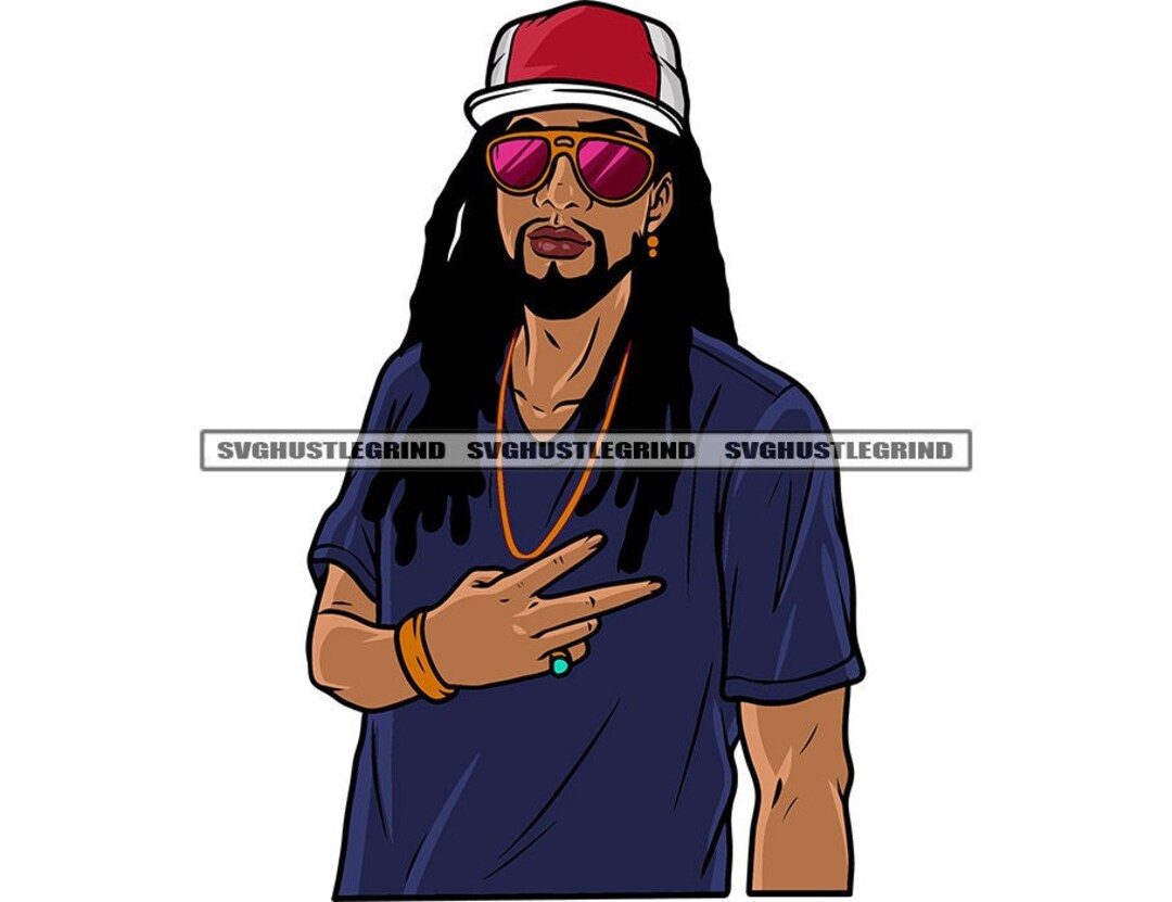Black Man Beard Baseball Cap Dread Locs Blue Shirt Finger Sign Gold ...