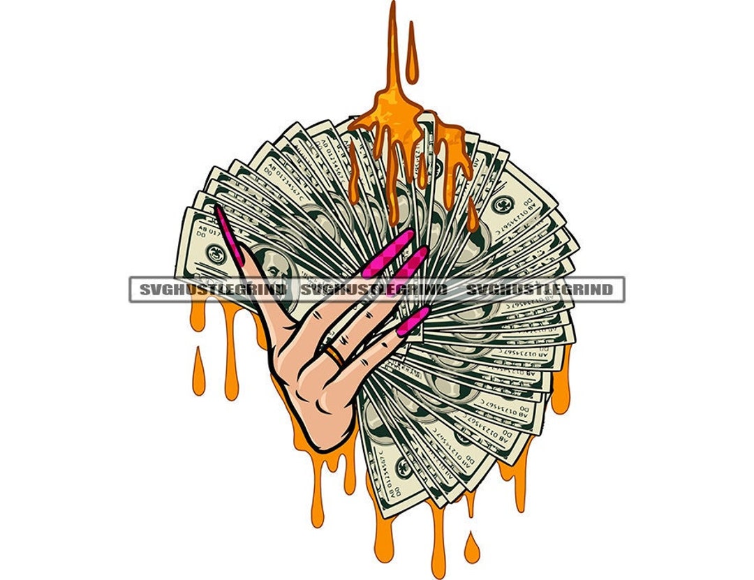 White Womans Hand Holding Cash Money Dollar Bills Dripping Gold Long ...