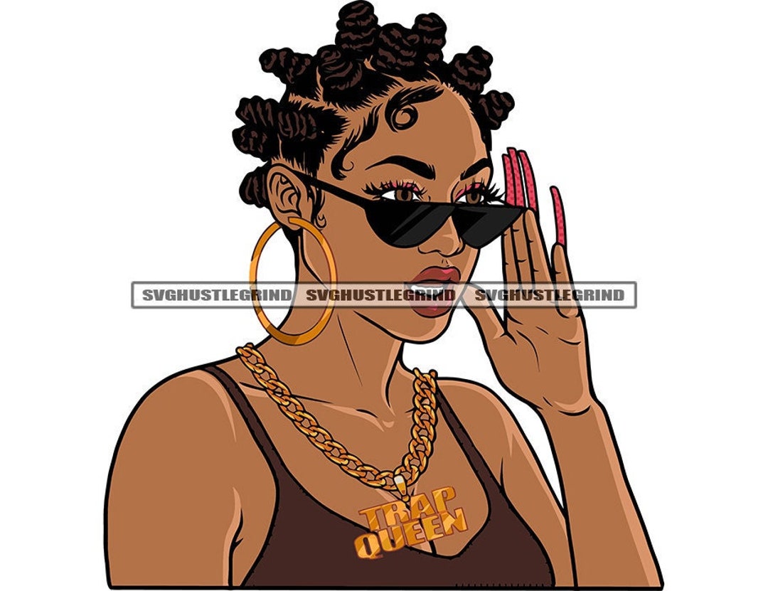Trap Queen Black Woman Bantu Knots Dark Sunglasses Gold Chain Tank Top ...