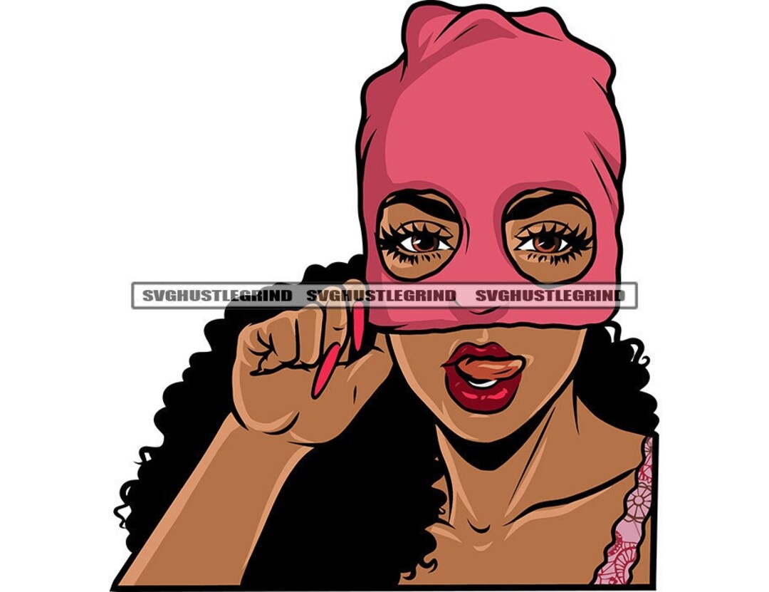 Black Woman Pink Hood Curly Hair Red Lips Brown Eyes Purple Straps ...