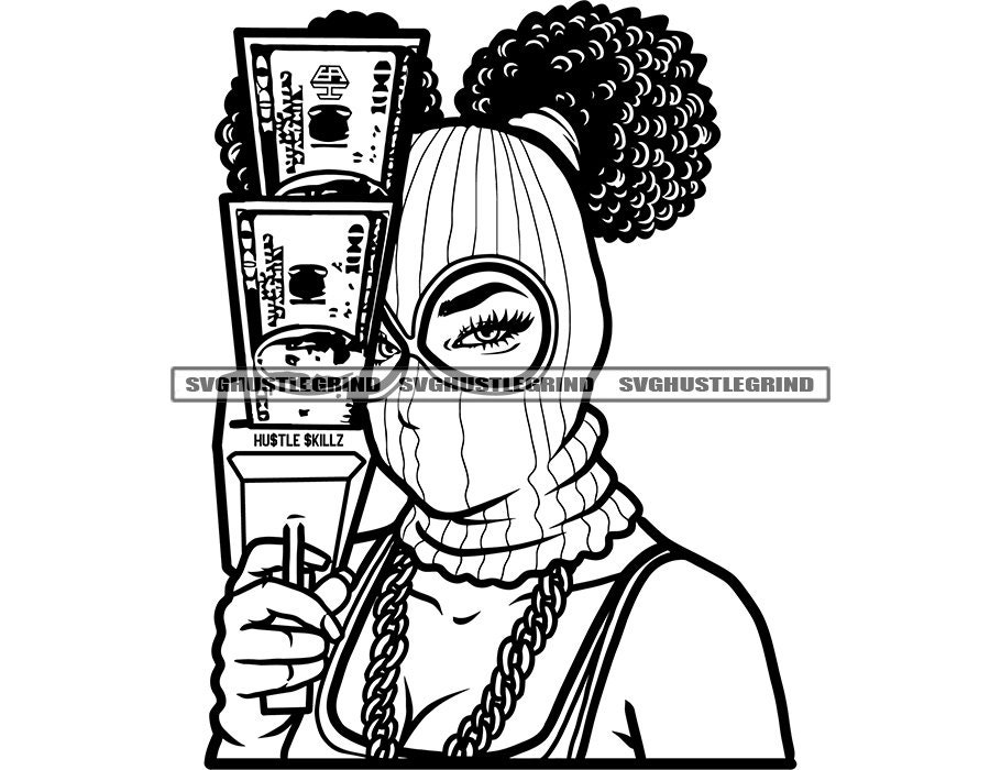 Young Black Woman Ski Mask Afro Puffs Holding Rainmaker Shooting Cash ...
