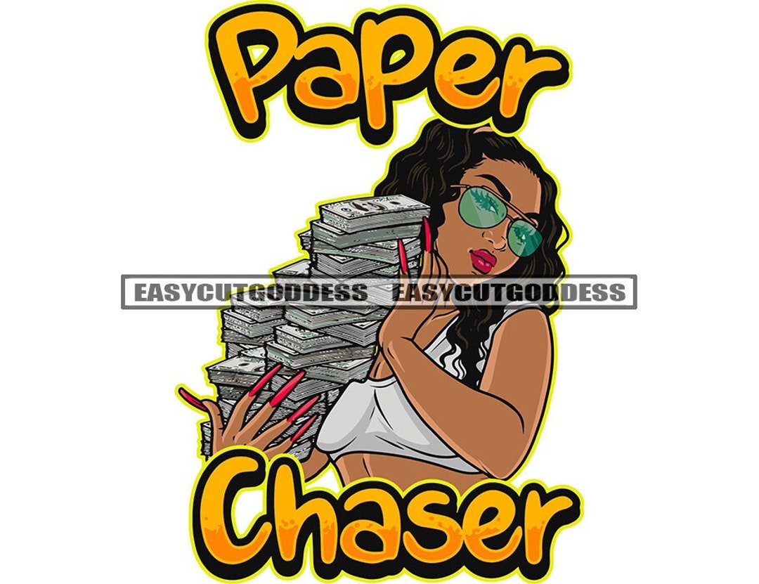 Paper Chaser Black Woman Holding Cash Money Dollar Bills Blue ...