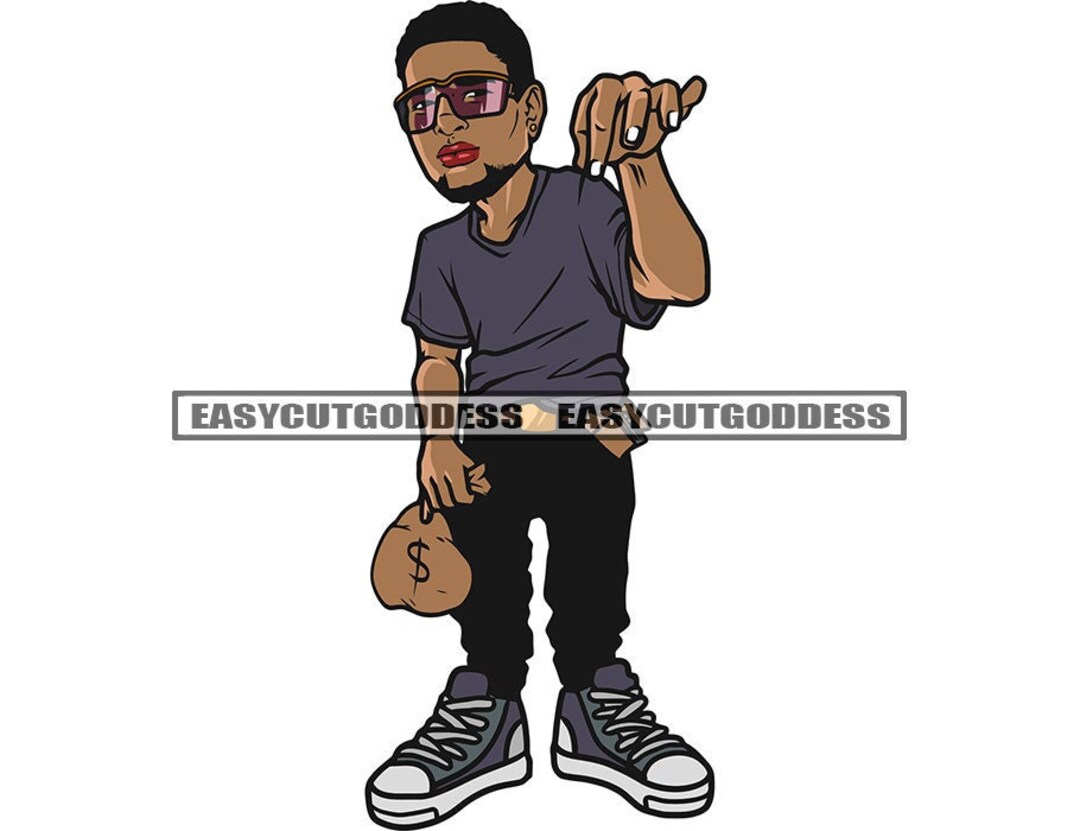 Young Black Thug Gray T-shirt Black Jeans Sneakers Bank Bag Cash ...