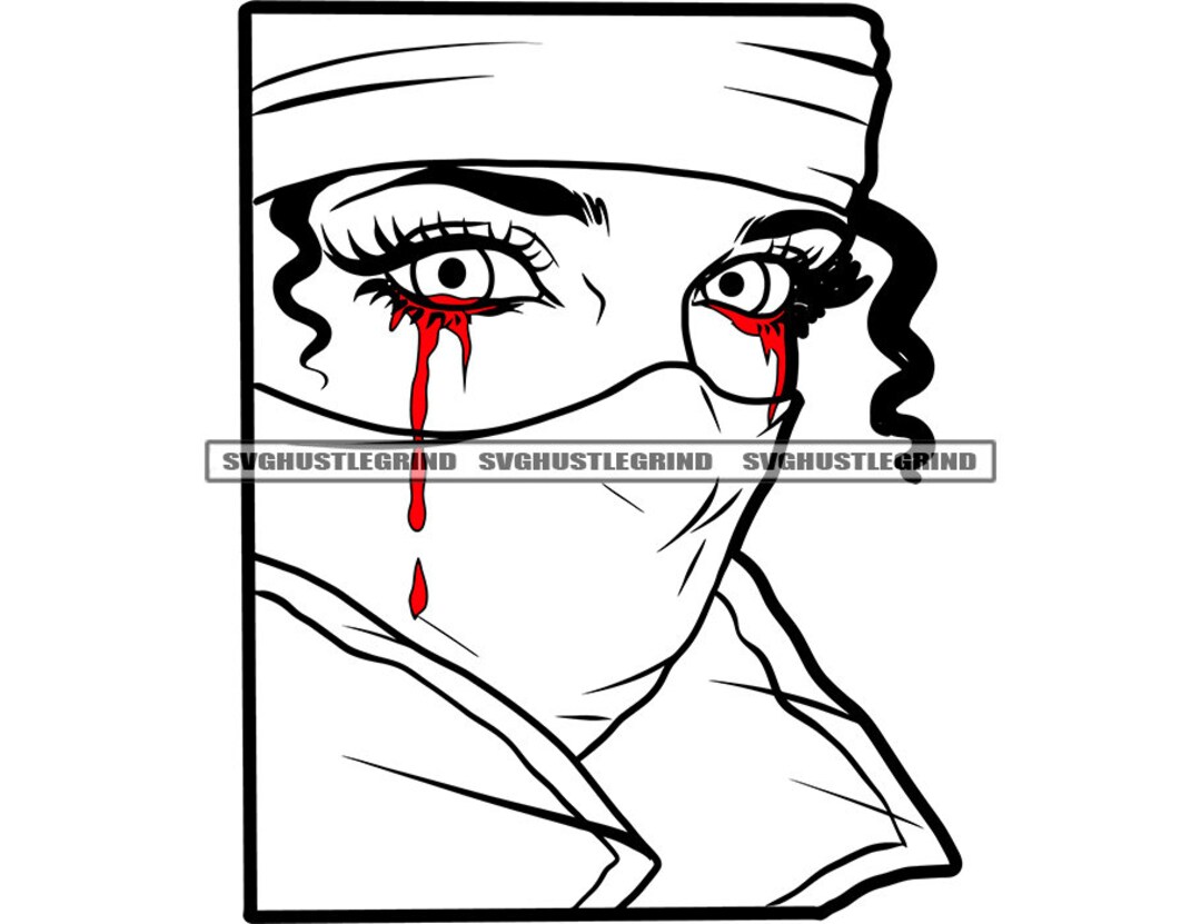 Gangster Woman Wearing Facemask Bandana Crying Blood Tears Dripping ...