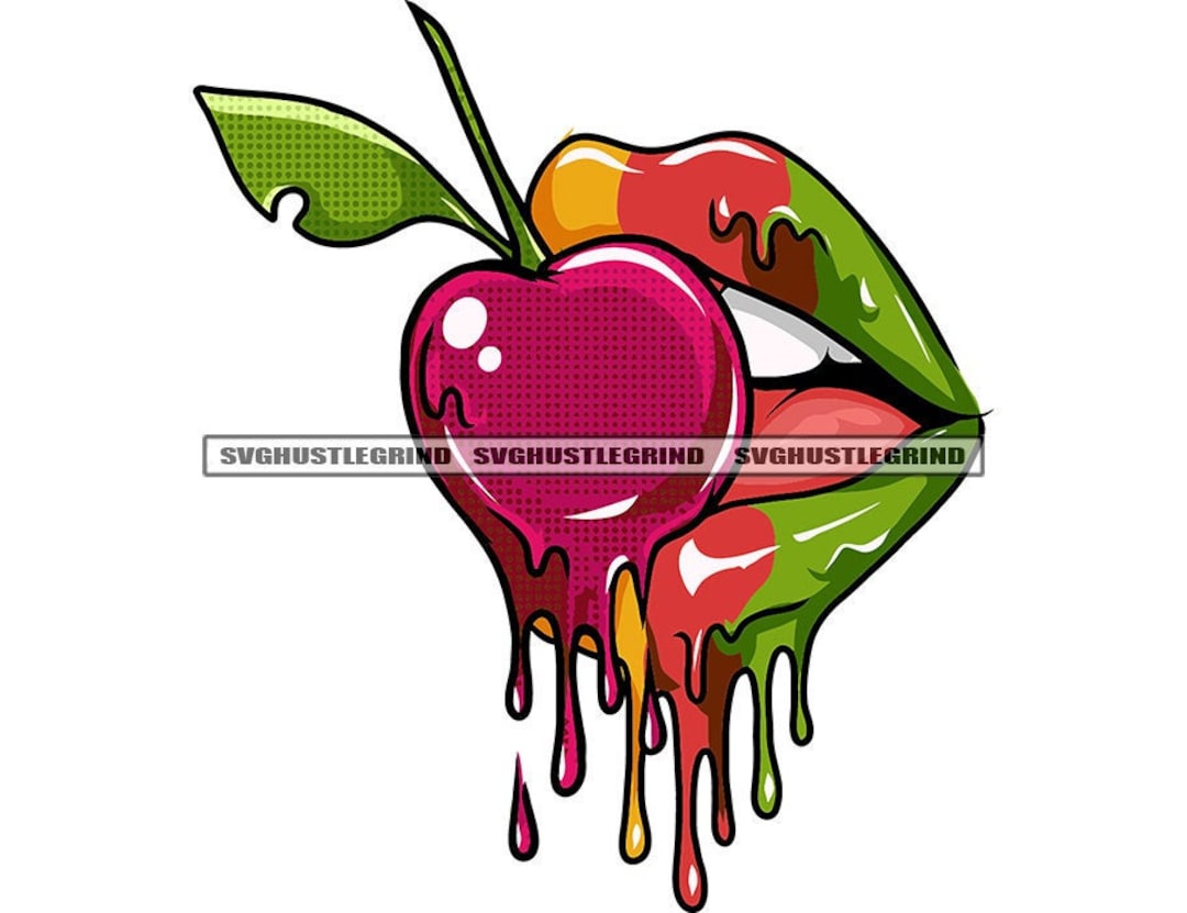 Juicy Lips Biting Red Cherry Stem Fruit Dripping Yellow Red Green Gold ...