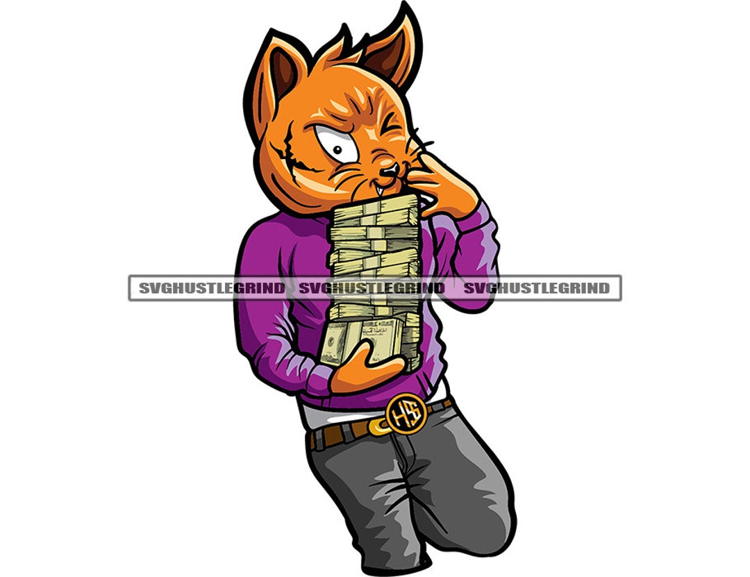 Gangster Cat Holding Stack Pile Money Cash Dollar Bills Purple Hoodie ...