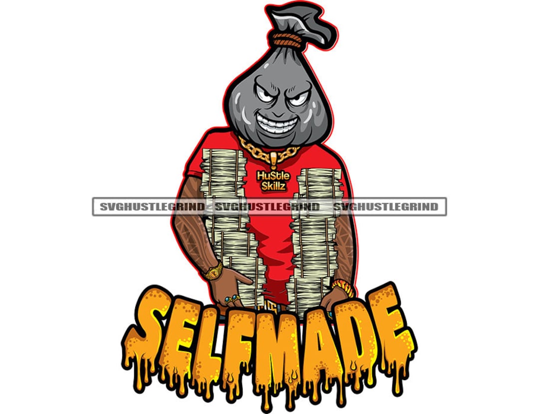 Self-made Money Bag Head Cartoon Character Holding Money Stack Cash ...