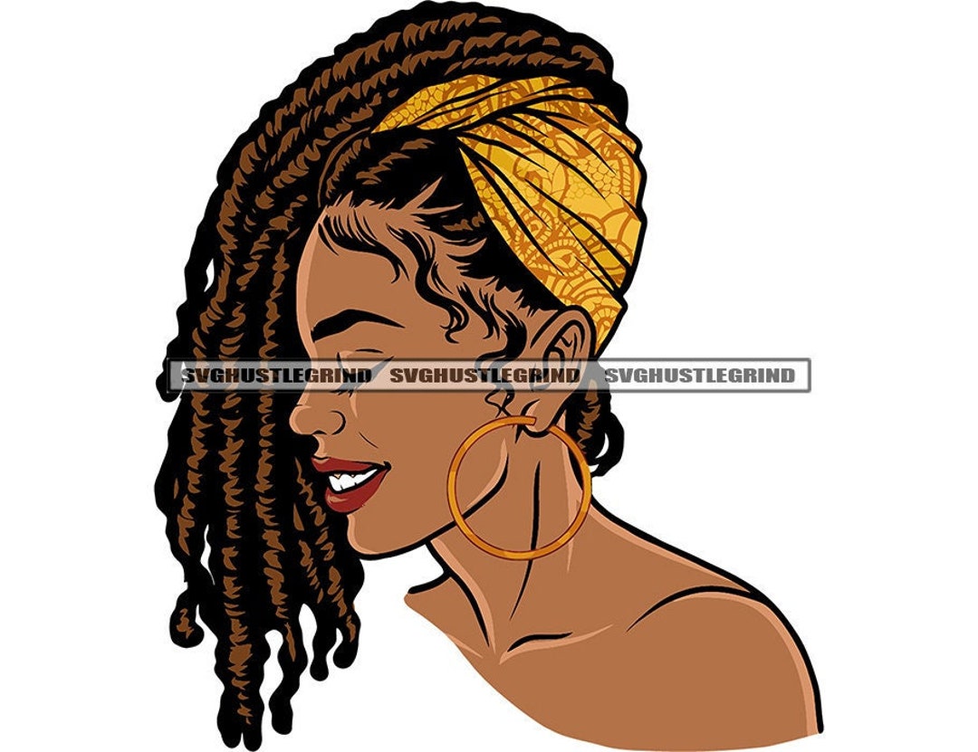Smiling Black Female Dreads Sister Locs Headwrap Gold Hoop Earring Eyes ...