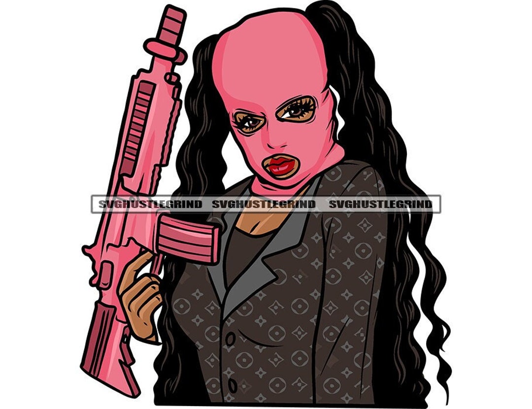 Gangster Black Woman Pink Hood Pink Gun Weapon Gray Jacket Brown Eyes ...