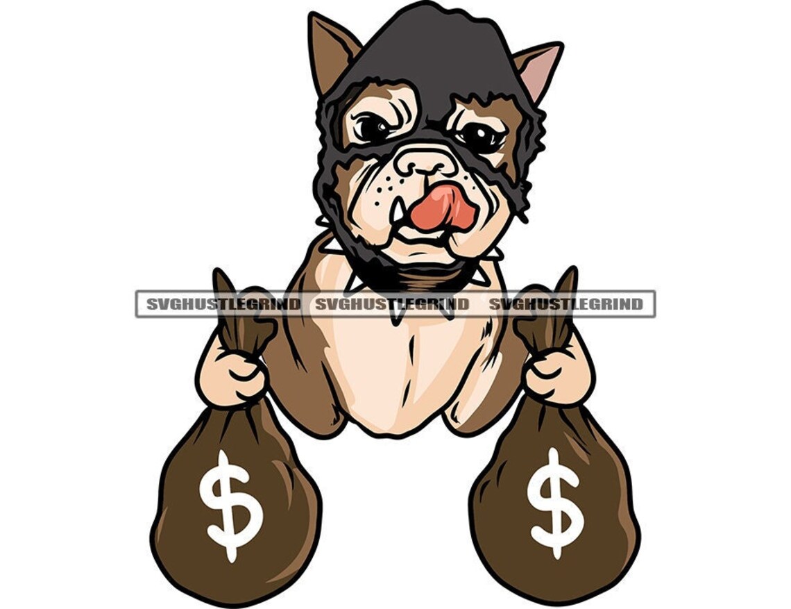Pit Bull Dog Pink Tongue Out Holding Bank Bags Cash Money Dollar Signs ...