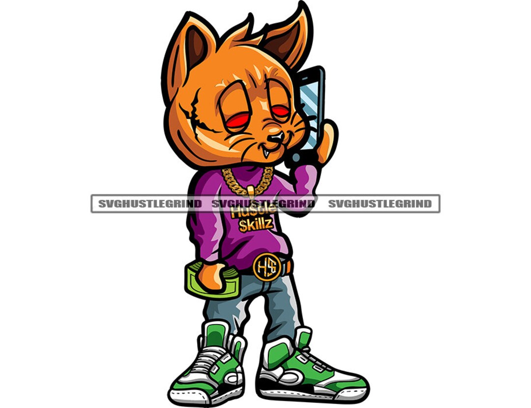Gangster Cat Cell Phone Cash Money Chain Mobile Purple Hoodie Bloodshot ...