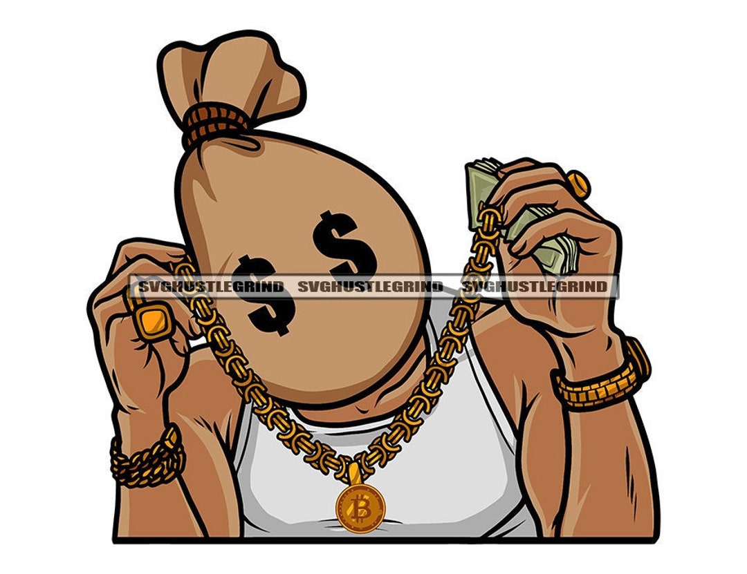Bank Bag Head Character White Tshirt Dollar Signs Gold Chain Ring Watch ...