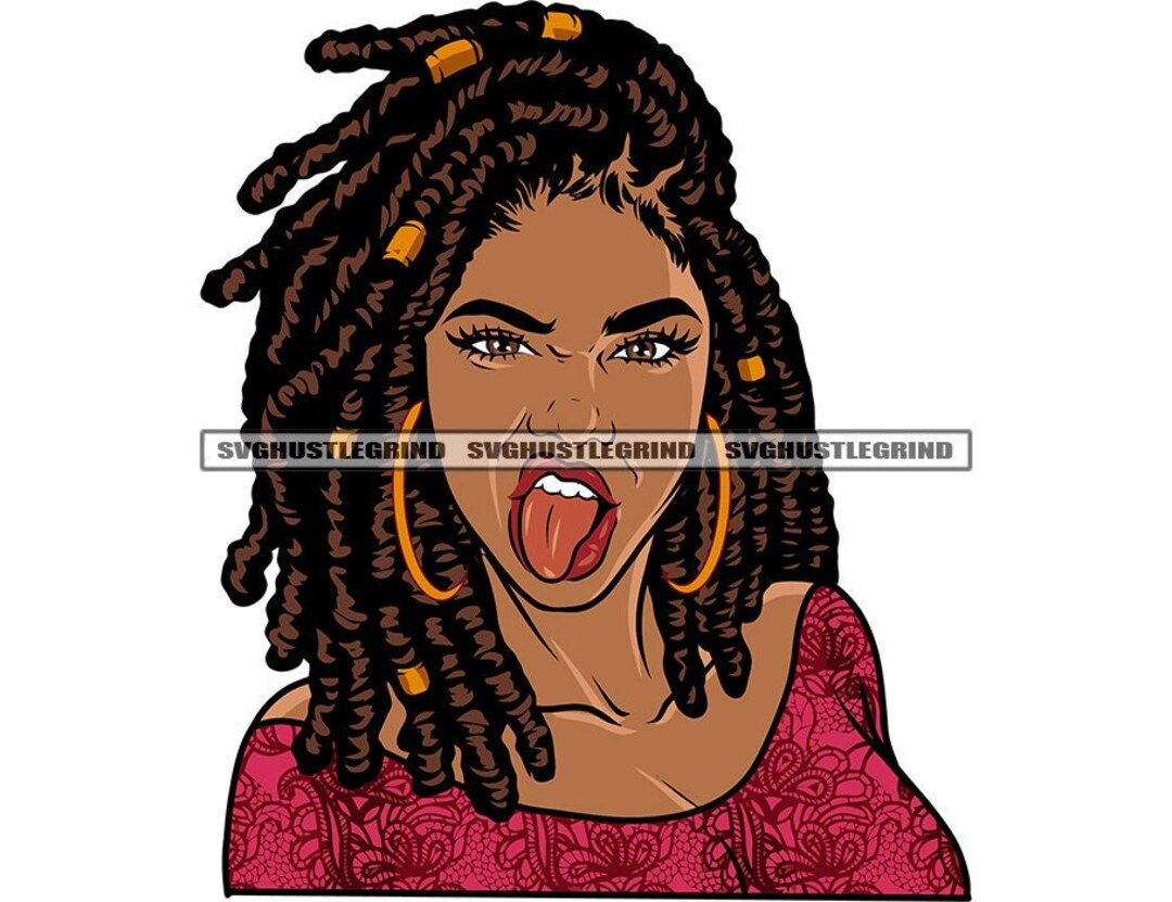 Black Woman Sister Dread Locs Bands Tongue Out Teeth Brown Eyes Gold ...