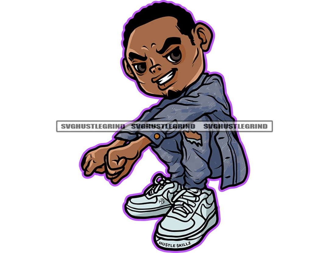 Gangster Black Male Afro Cartoon Blue Shirt Ripped Jeans Mean Face ...