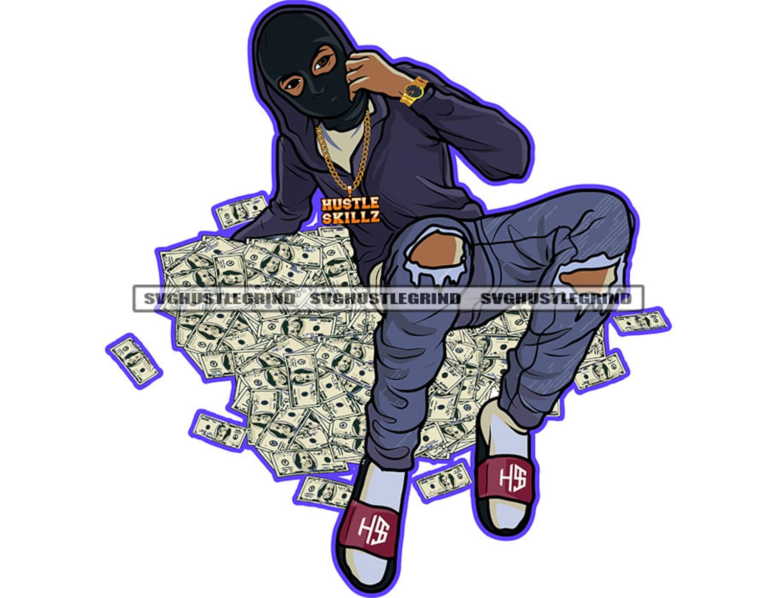 Young Black Man Laying Pile Cash Money Ripped Jeans Slides Ski - Etsy