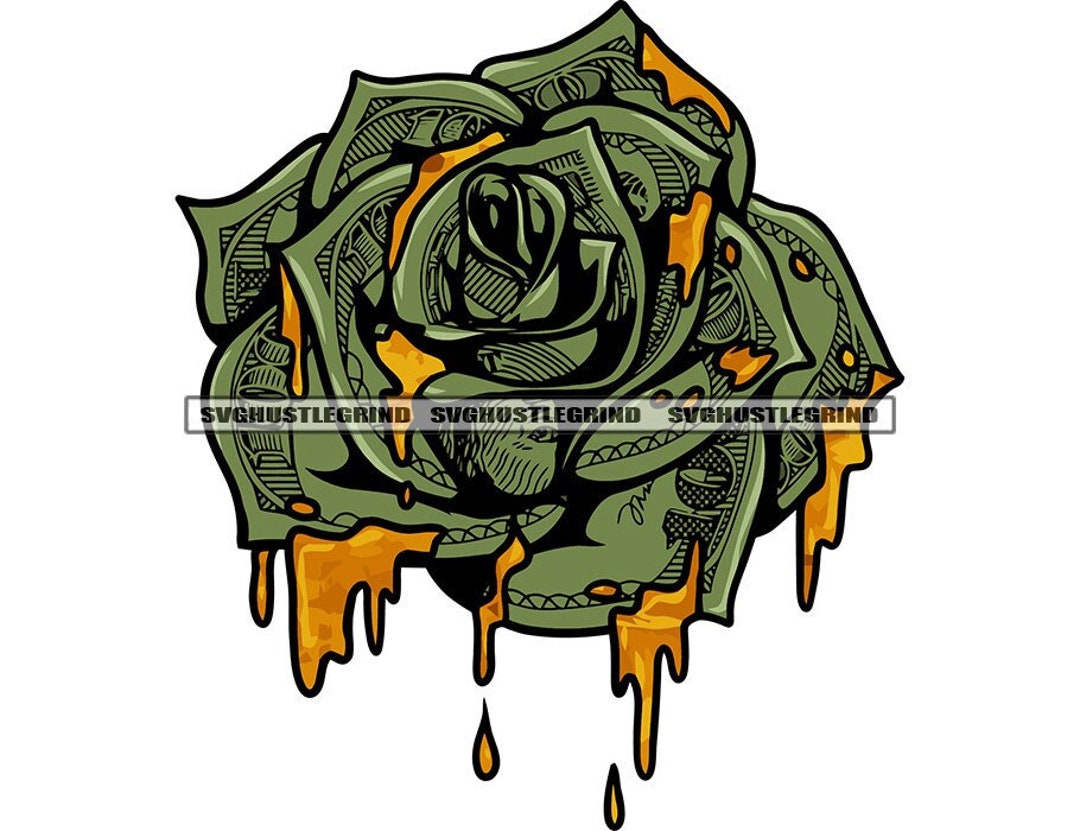 Paper Rose Flower Dollar Bills Art Green Rose Dripping Gold Artwork ...
