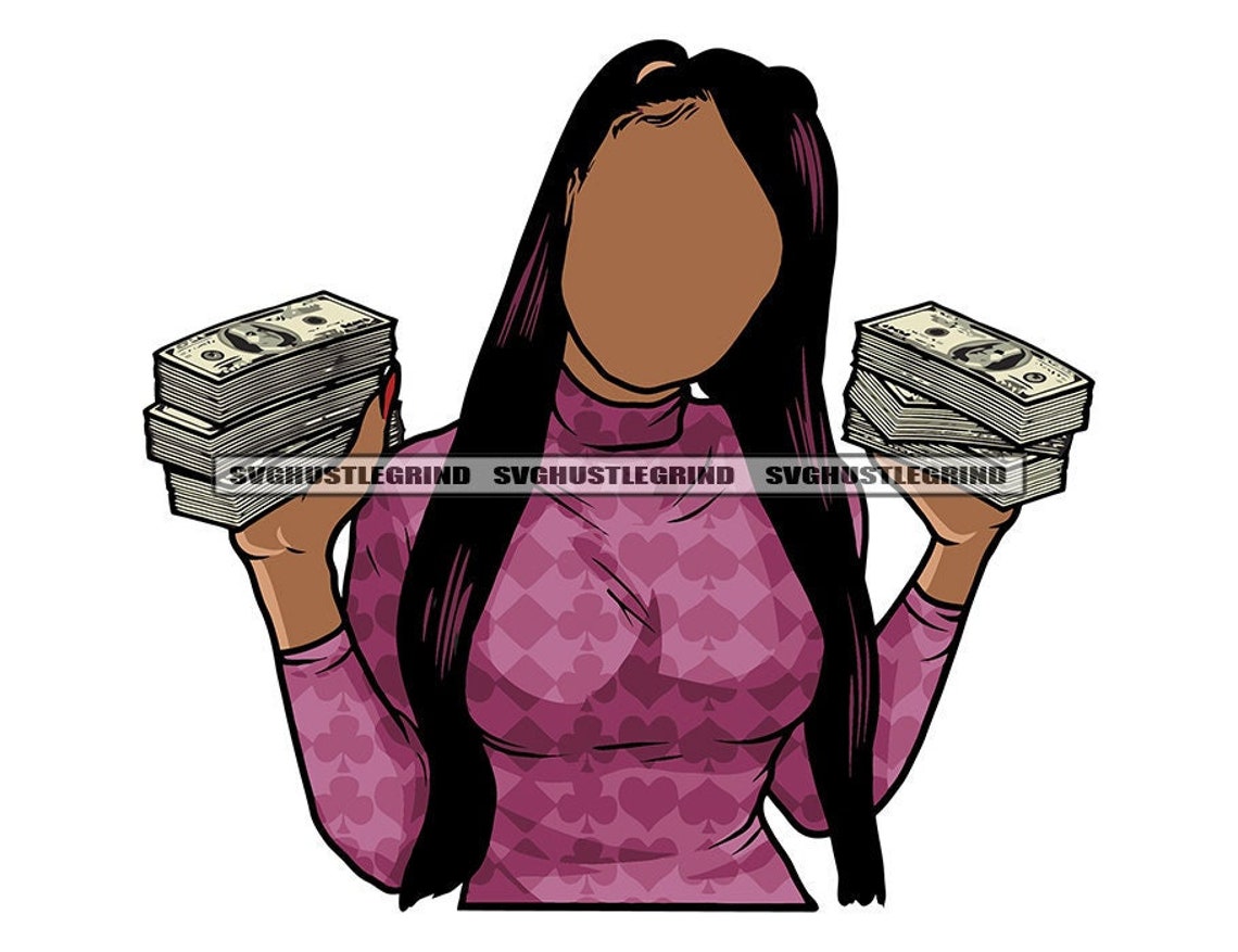Faceless Black Woman Holding Cash Money Dollar Bills Purple Turtleneck ...