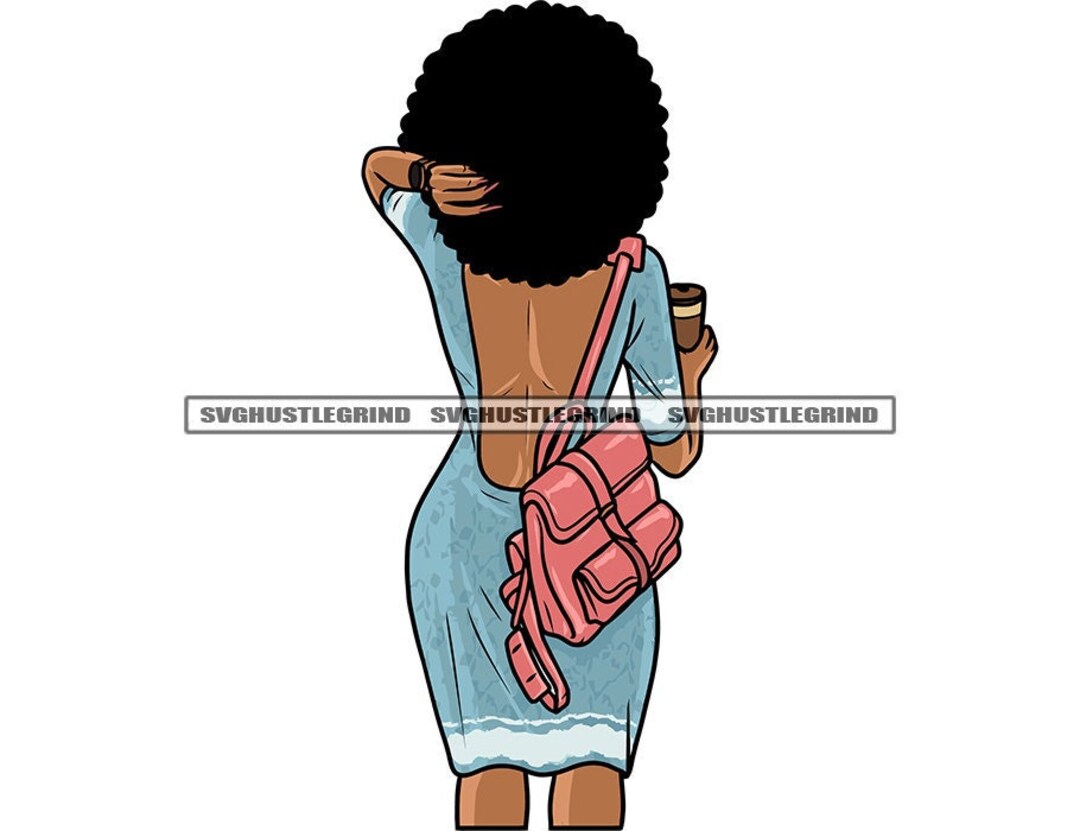 Black Woman Afro Blue Dress Back Out Pink Purse Backpack Coffee Cup ...