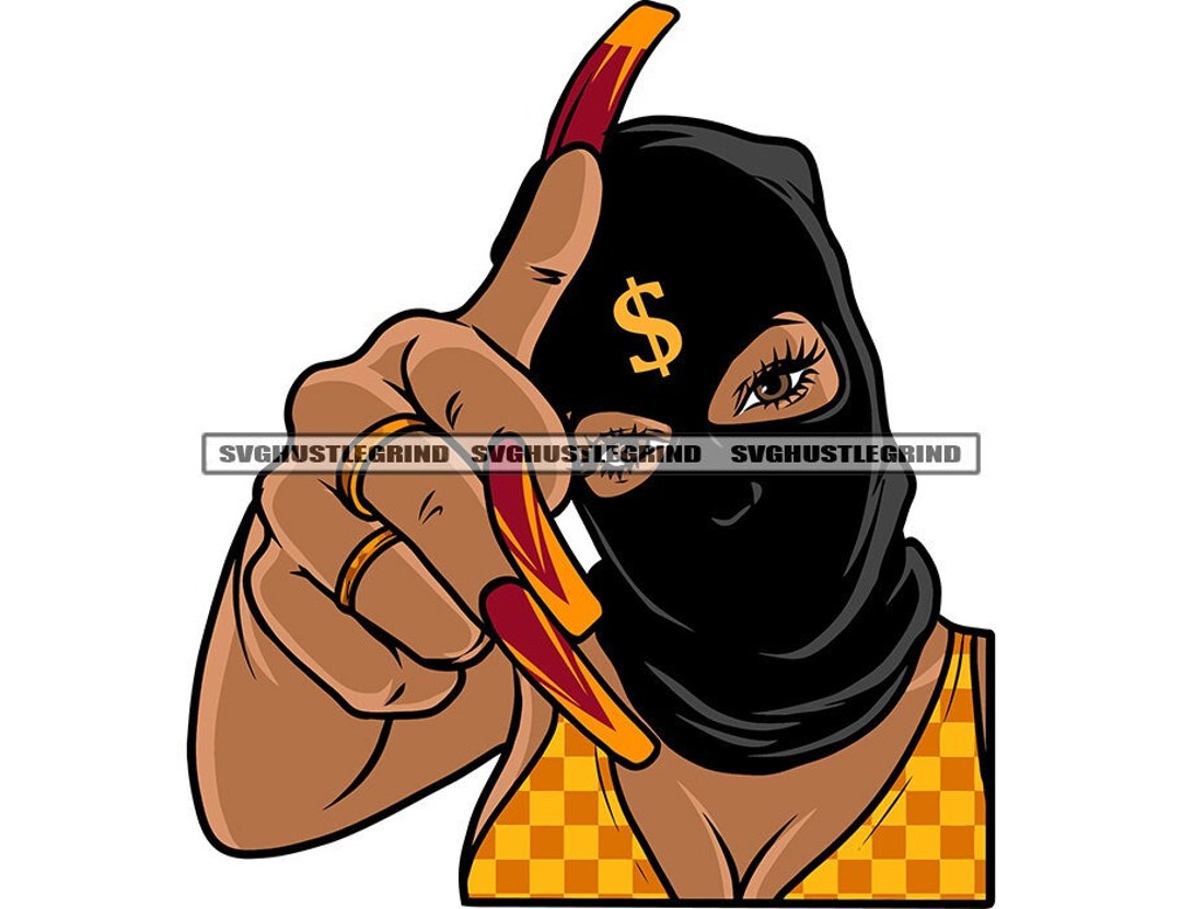 Black Woman Black Hood Mask Dollar Sign Pointing Trigger Finger Gold ...