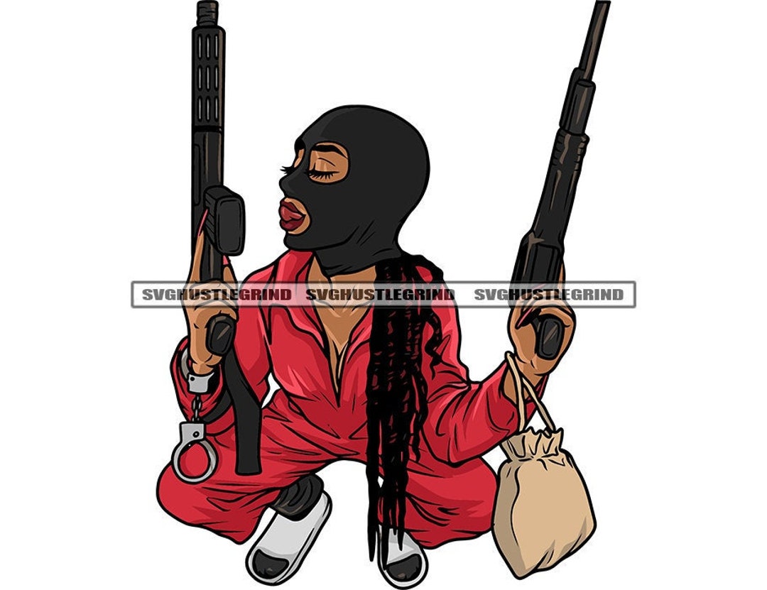 Gangster Black Woman Holding Two Guns Rifles Purse Sweatsuit Hoodie ...