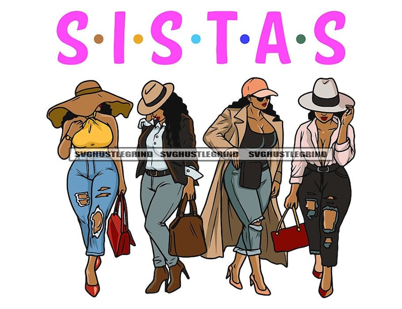 Sistas Four Black Women Shopping Traveling Ripped Torn Jeans Hats ...