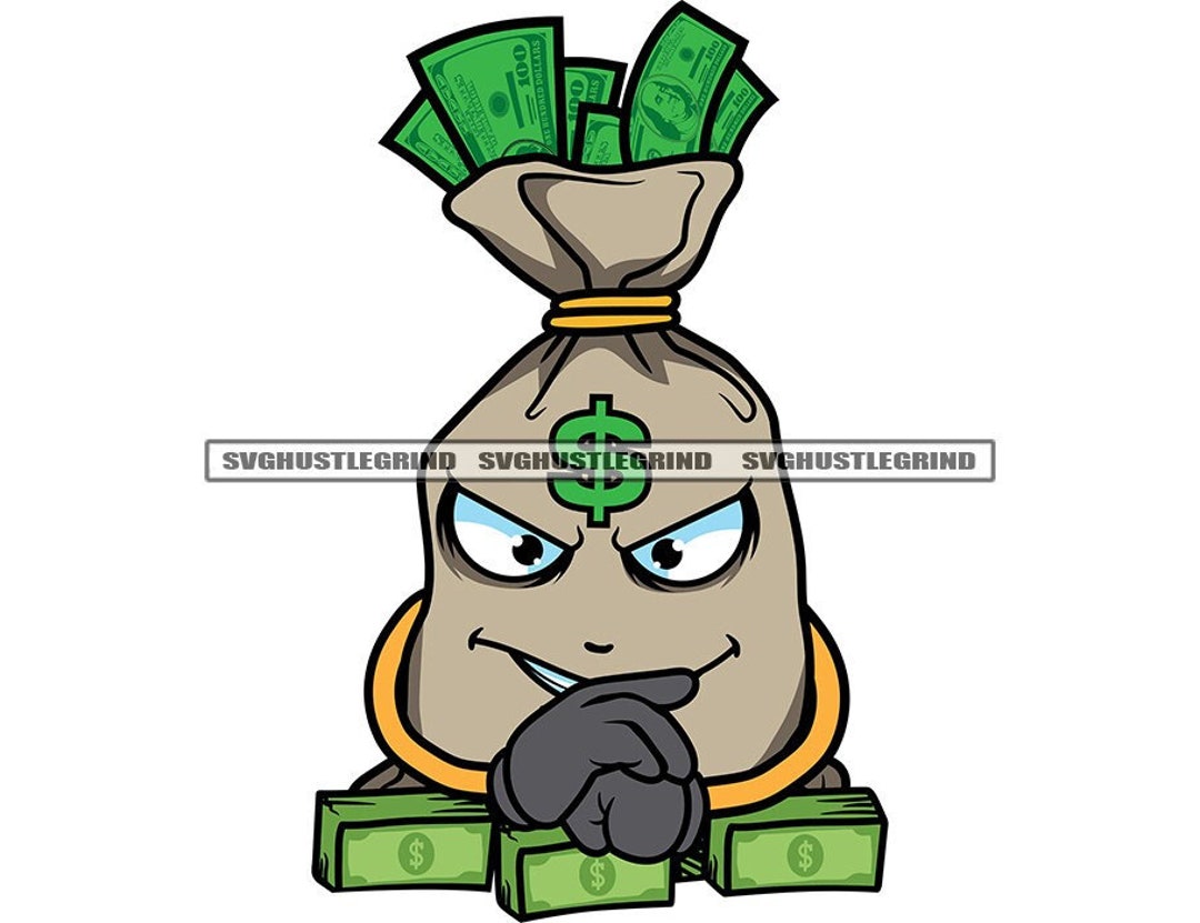 Gray Bank Bag Head Character Dollar Sign Sitting Cash Dollar Bills ...