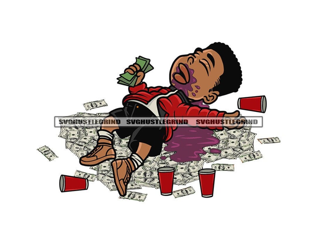 Cartoon Character Black Male Laid Out Money Cash Dollar Bills Drink ...
