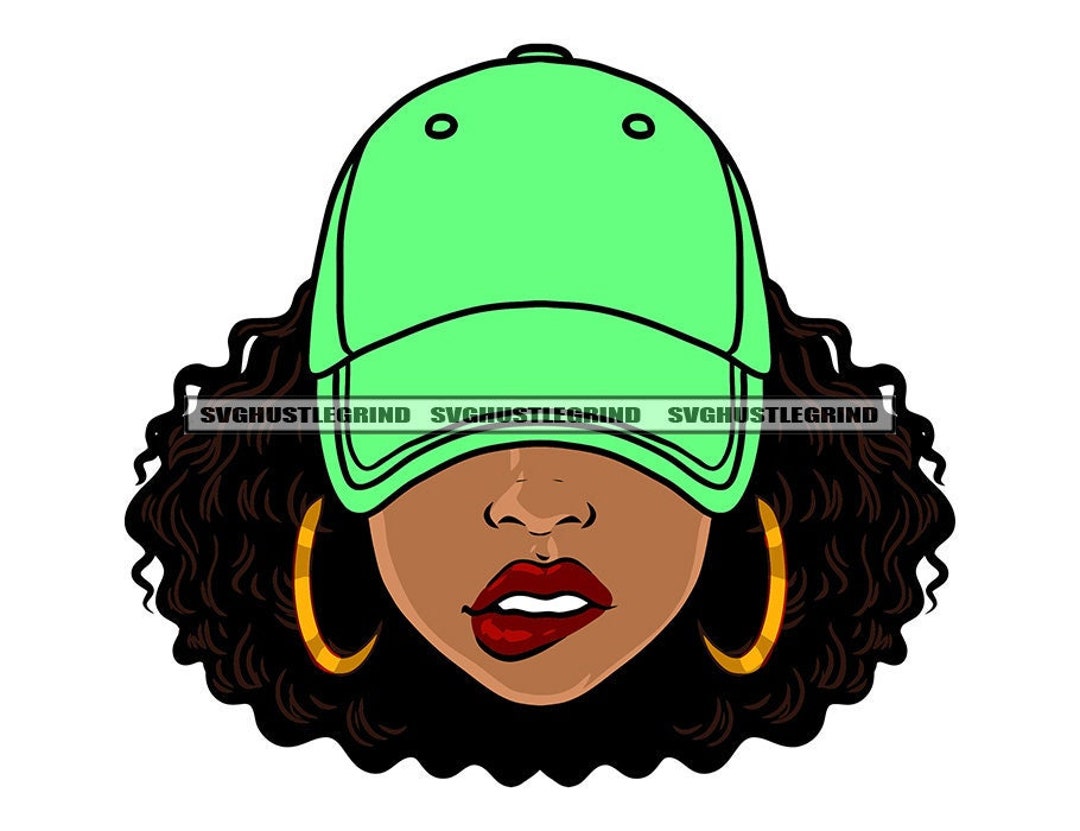 Sassy Black Woman Green Baseball Cap Pulled Down Gold Hoop Earrings ...