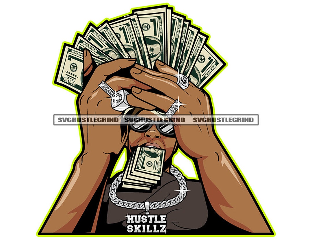 Gangster Man Money Stacks Spreads Cash Dollar Diamond Rings Chain ...