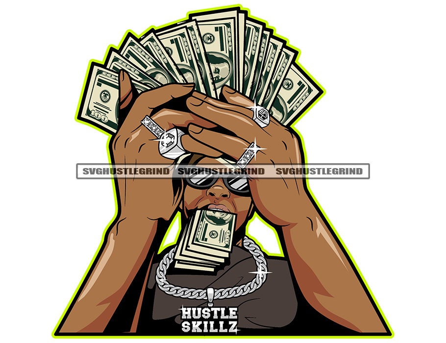 Gangster Man Money Stacks Spreads Cash Dollar Diamond Rings Chain ...