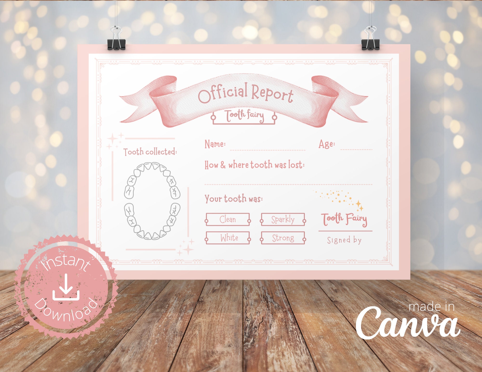 Tooth Fairy Certificate and Report - Pink | Digital Instant Download ...