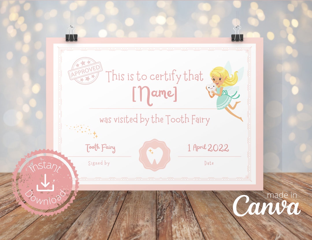 Tooth Fairy Certificate and Report - Pink | Digital Instant Download ...