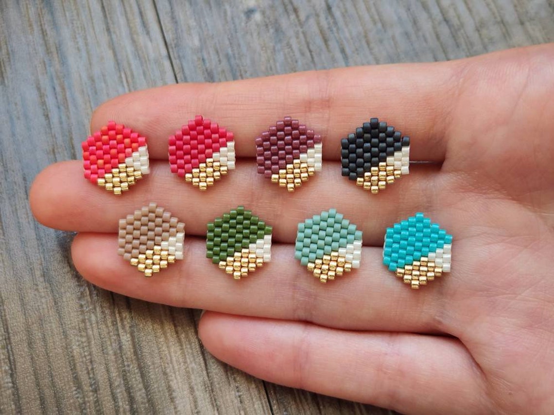 Beaded Hexagon Stud Earrings | Stainless Steel Studs | Miyuki Delica ...