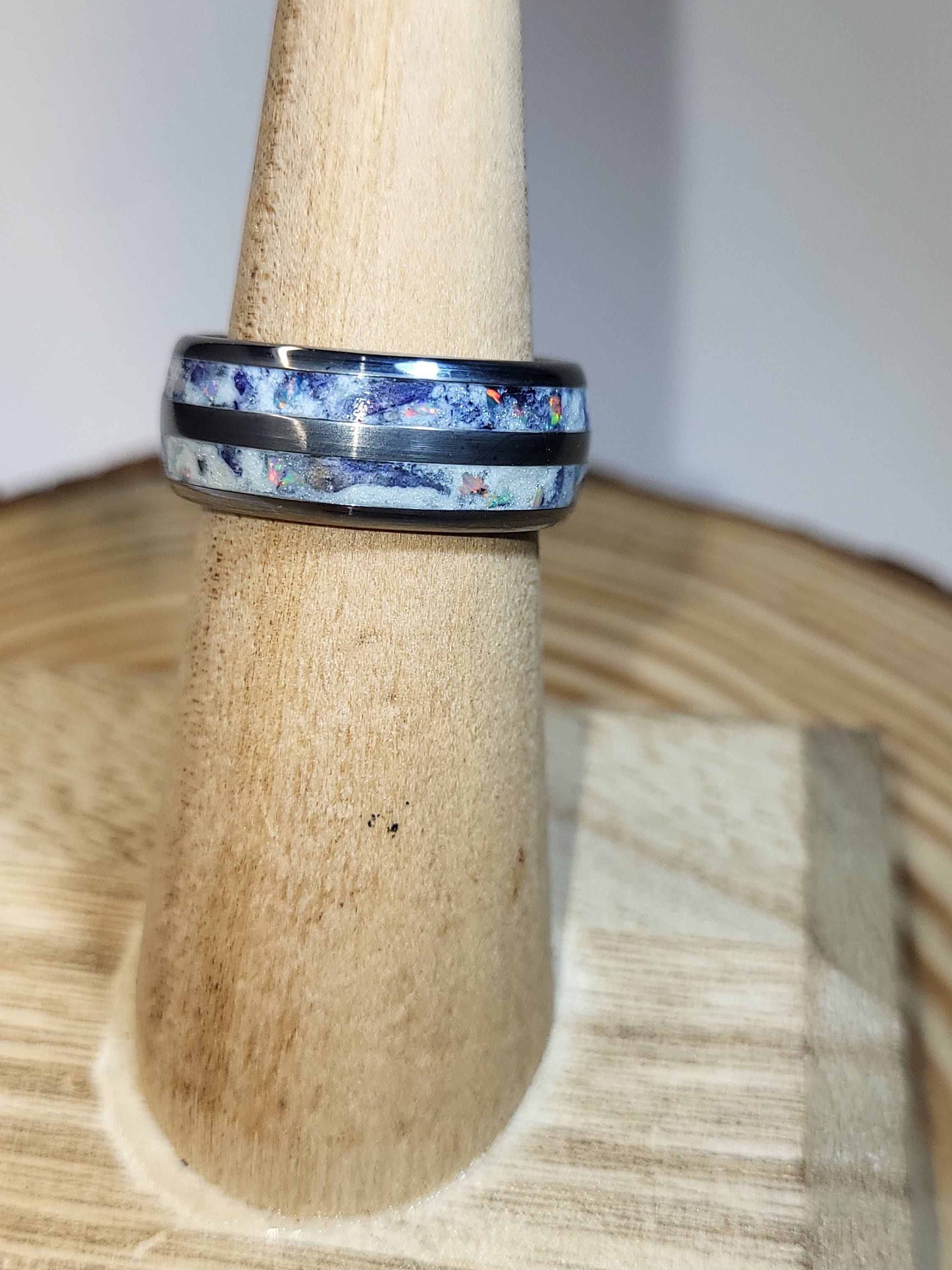Tungsten Double Channel With Sapphire and Pearl White Opal Inlay - Etsy