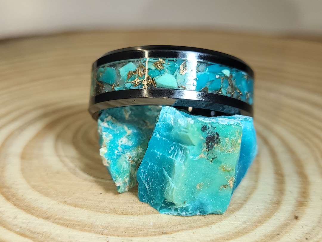 Black Ceramic Inlay Ring With Turquoise and Bronze Shavings - Etsy