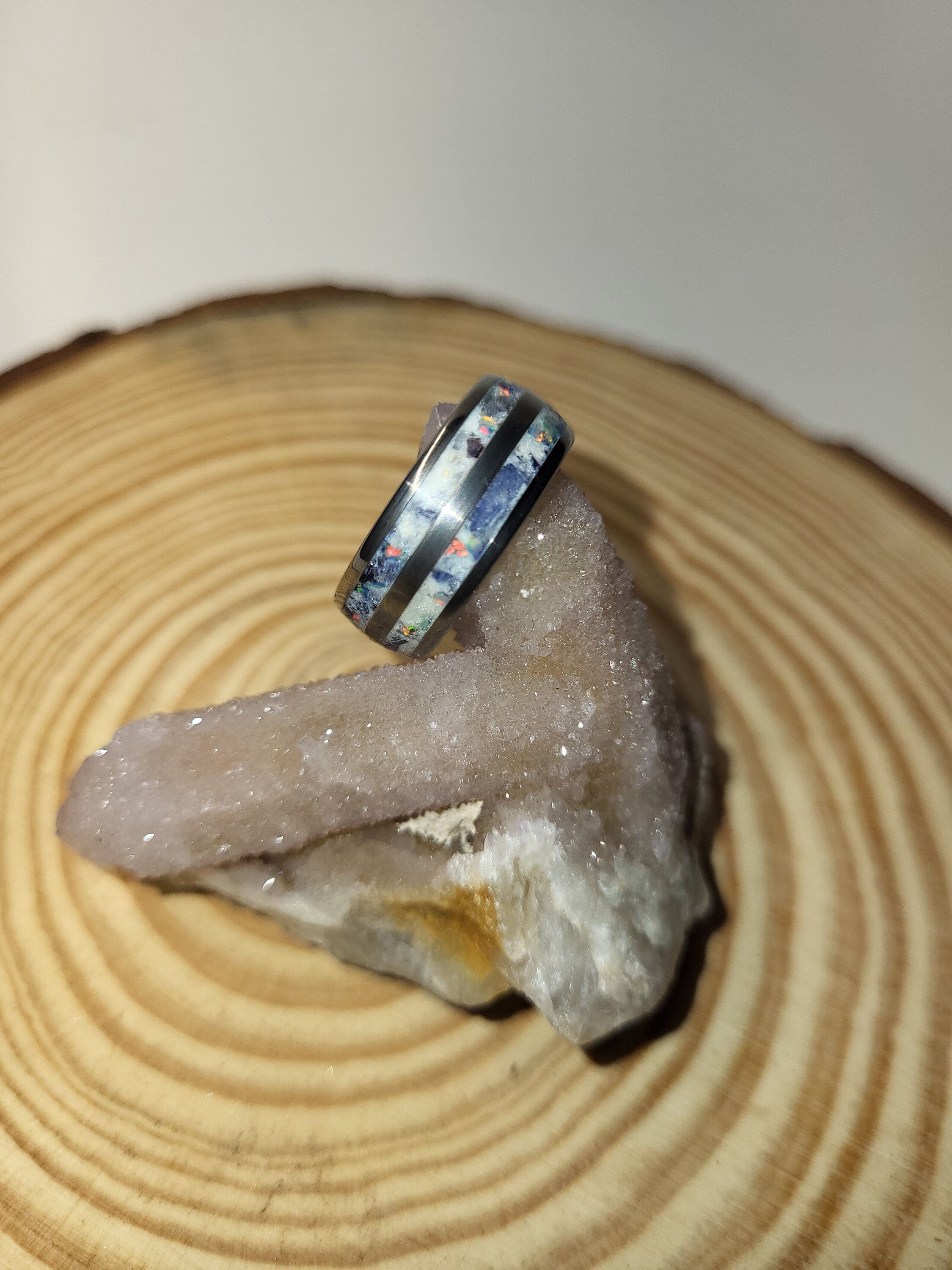 Tungsten Double Channel With Sapphire and Pearl White Opal Inlay - Etsy