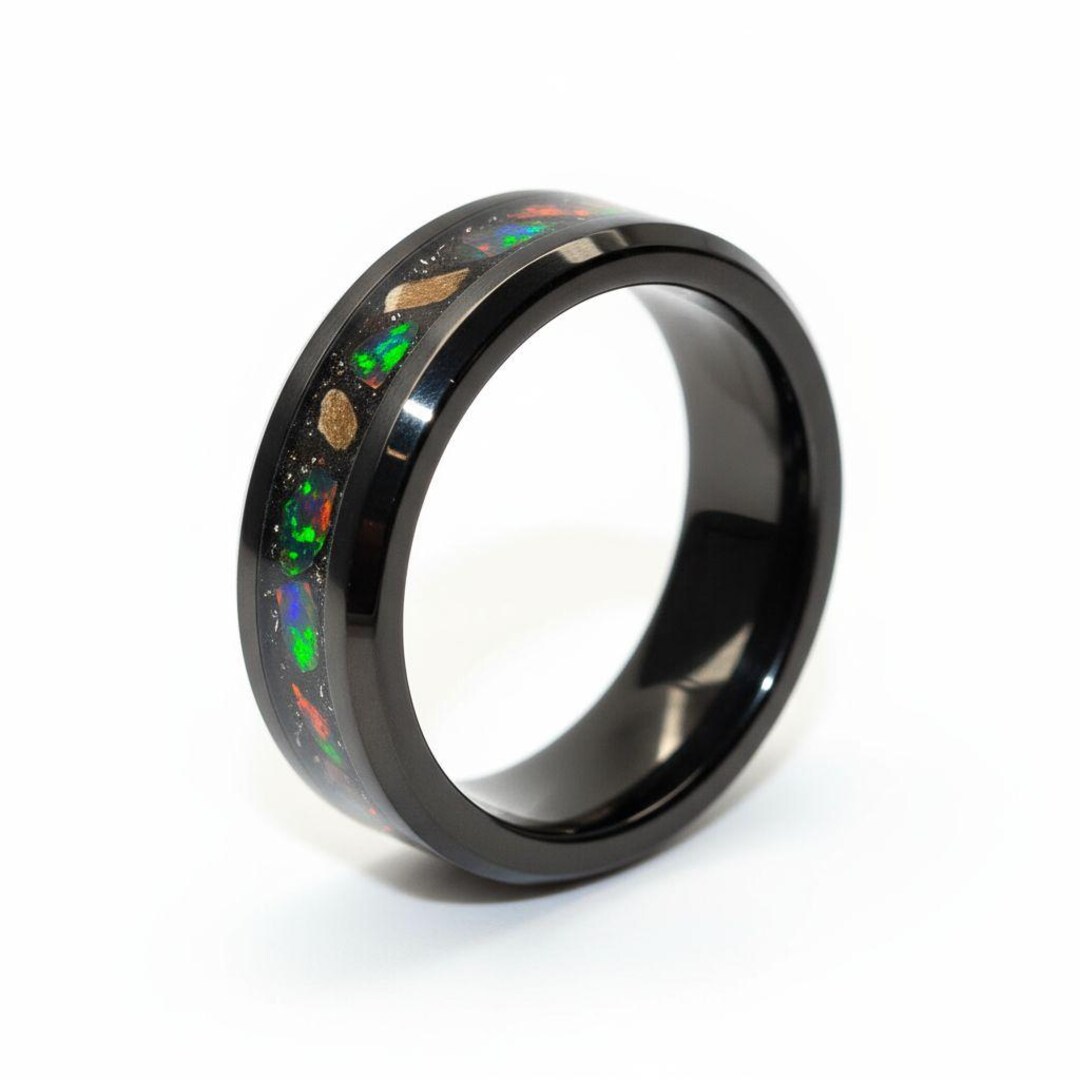 Black Ceramic Inlay Ring With Inferno Opal, Peridot, and Meteorite Dust ...
