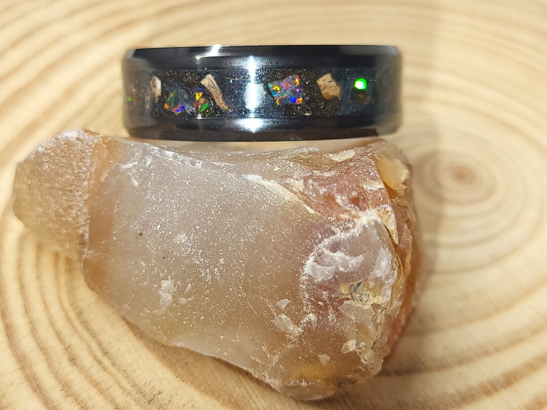 Black Ceramic Inlay Ring With Inferno Opal, Peridot, and Meteorite Dust ...