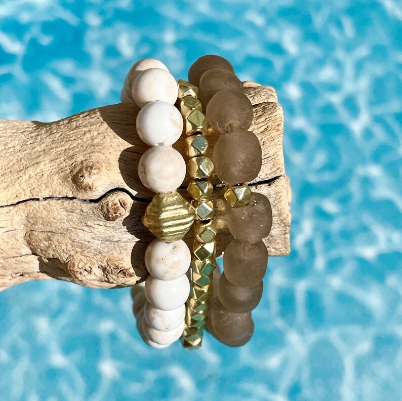 Beachy Neutral Bracelet Stack Sandy Taupe Sea Glass Gold - Etsy