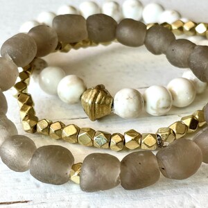 Beachy Neutral Bracelet Stack ~ Sandy Taupe Sea Glass, Gold, White and ...