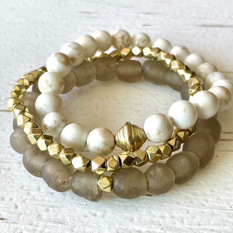 Beachy Neutral Bracelet Stack Sandy Taupe Sea Glass Gold - Etsy
