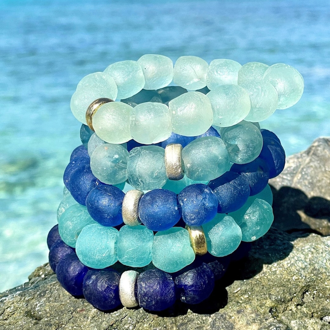 Chunky Sea Glass Bracelets ~ 10 Colors ~ Brushed Gold or Silver Accents ...