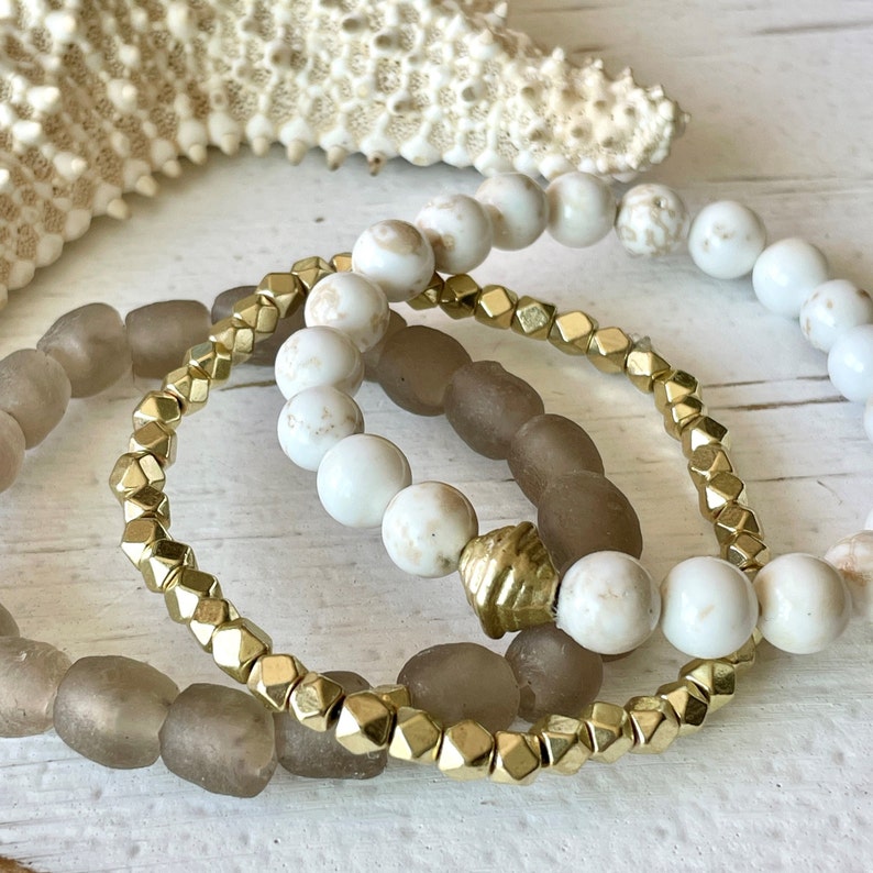 Beachy Neutral Bracelet Stack Sandy Taupe Sea Glass Gold - Etsy