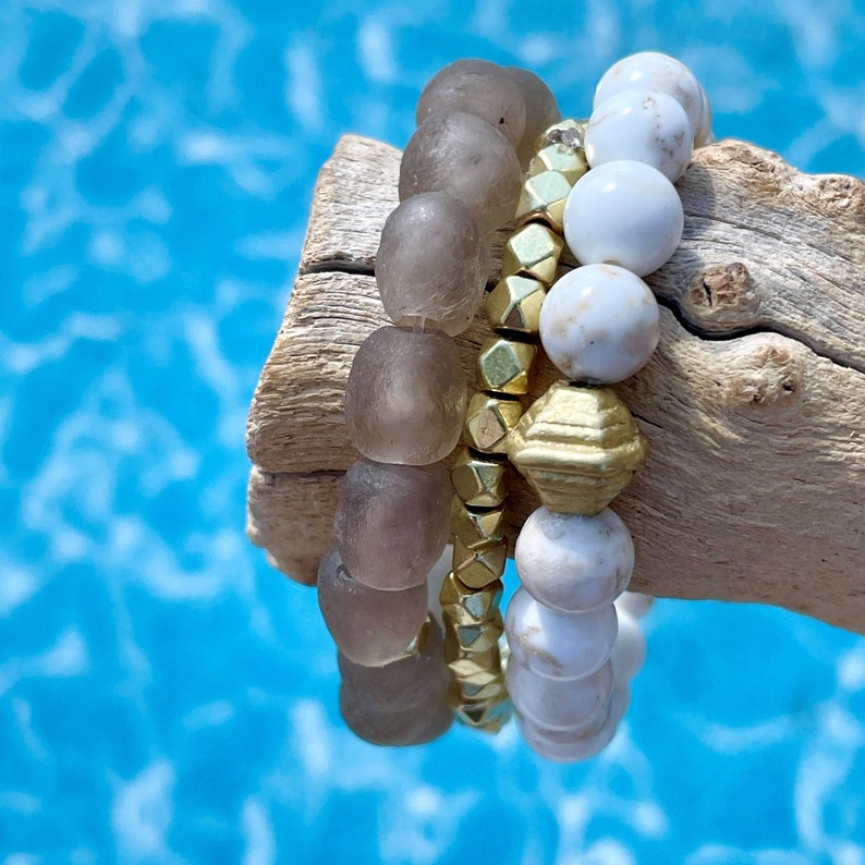 Beachy Neutral Bracelet Stack Sandy Taupe Sea Glass Gold - Etsy