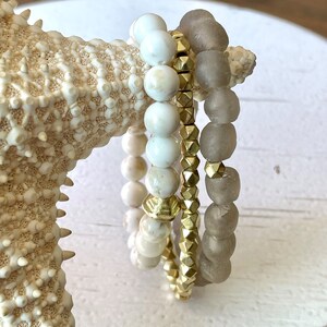 Beachy Neutral Bracelet Stack ~ Sandy Taupe Sea Glass, Gold, White and ...
