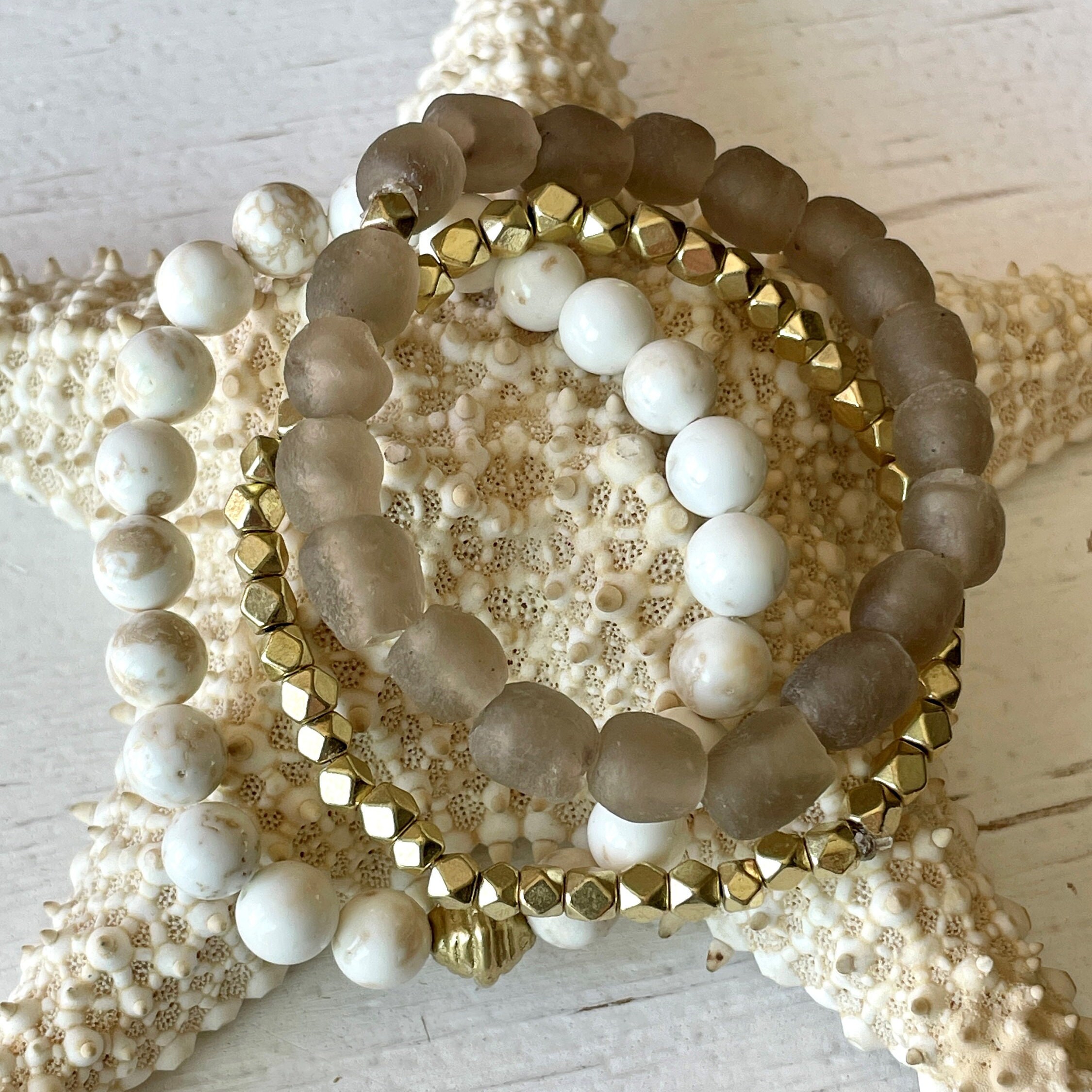 Beachy Neutral Bracelet Stack Sandy Taupe Sea Glass, Gold, White and ...